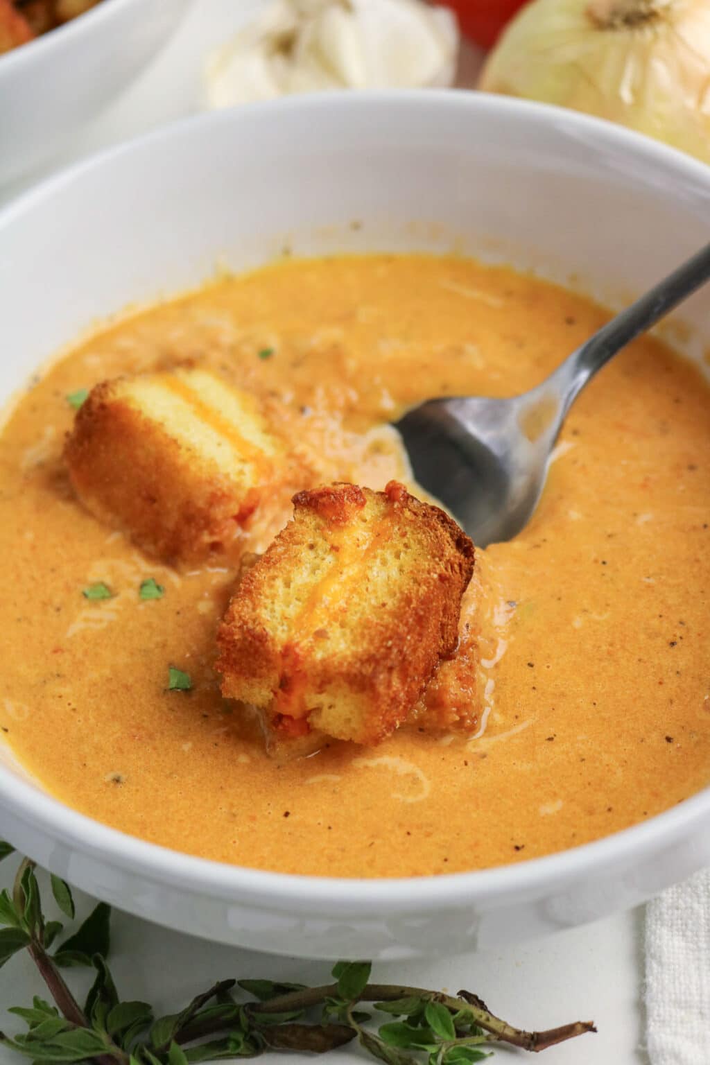 Roasted Tomato Soup with Grilled Cheese Croutons - Cook This Again Mom